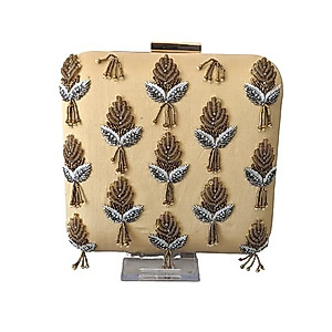 Square Box Clutch, Crossbody Bag, Bridal Clutch Purse, Wedding Bag, Evening Bag With Detachable Shoulder Chain (Gold)