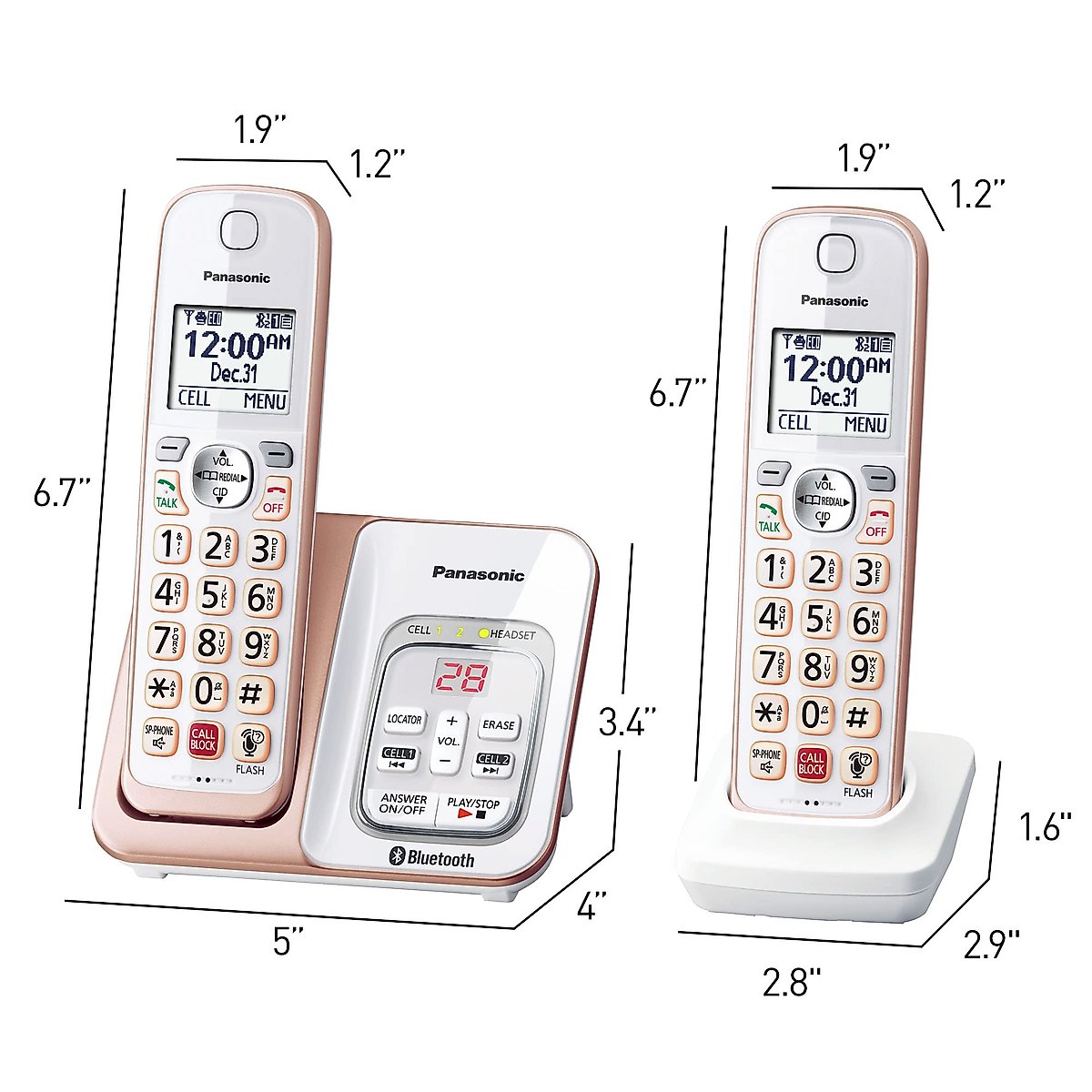 Panasonic Cordless Phone with Link2Cell Bluetooth, Voice Assistant, Answering Machine and Call Blocking, Expandable System with 2 Cordless Handsets - KX-TGD862G (Rose Gold)