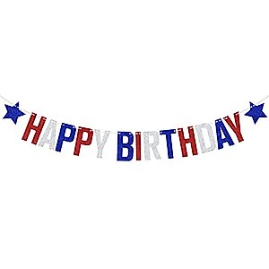 4th of July Happy Birthday Banner, Independence Day Birthday Party Decorations, Patriotic Independence Day Themed Birthday Decorations Blue Red White Glitter