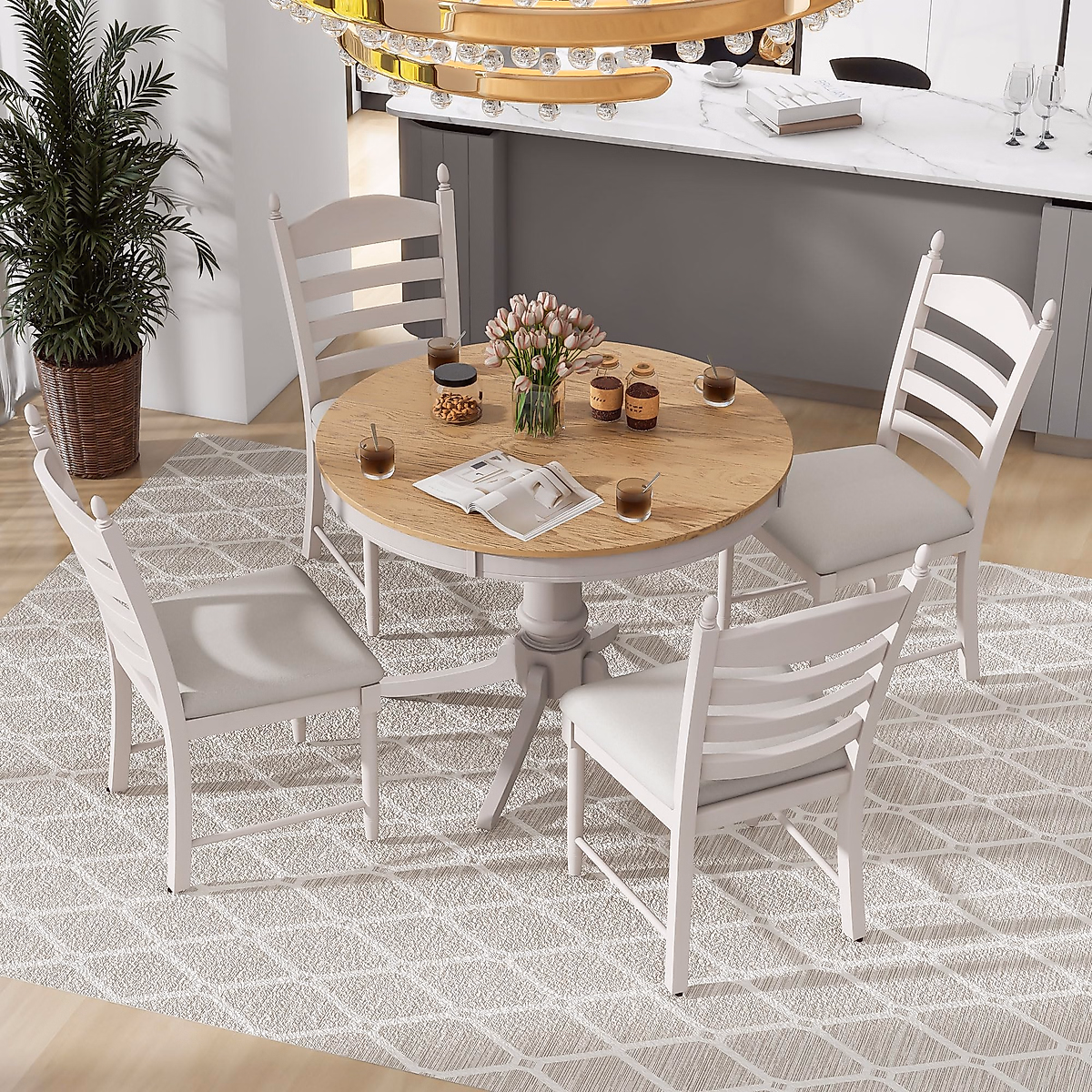 Bellemave Round Dining Room Table Set Extendable Dining Table Set for 4-6 Farmhouse Circle 5 Piece Kitchen Table and Chairs Wood Dinner Table Set for 4, Off White