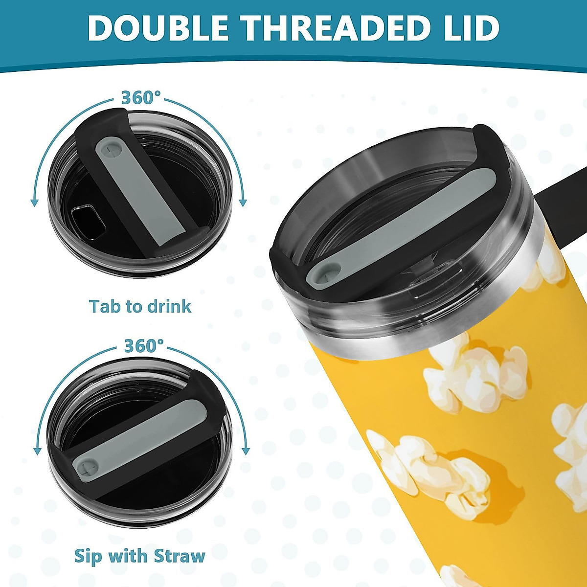 Selerdon 40 oz Tumbler Yellow Popcorn with Handle and Straw Lid Vacuum Stainless Steel Insulated Water Bottle Travel Mug Car Cup Holder Friendly BPA Free for Gym Travel Office