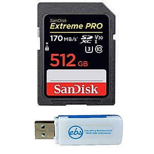 SanDisk 512GB Extreme Pro SD Memory Card SDXC UHS-I Card for Sony Alpha a7C, a6600, a6100, a6400 Camera (SDSDXXY-512G-GN4IN) U3 UHD Video Class 10 Bundle with (1) Everything But Stromboli Card Reader
