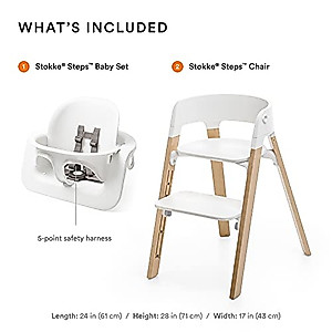 Stokke Steps High Chair - Natural Legs & White Seat - 5-in-1 Seat System - Includes Baby Set - Suits Babies 6-36 Months - Chair Holds Up to 187 lbs. - Tool Free & Adjustable
