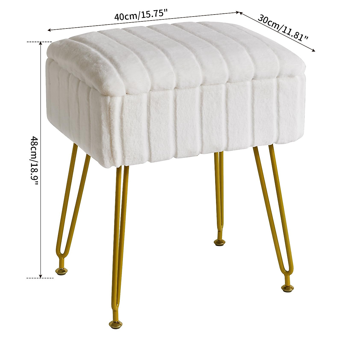 IBUYKE Stool Chair with Storage Space, Footrest Footstool Ottoman, Small Side Table, with 4 Metal Legs, with Anti-Slip Feet, for Makeup Room, Bedroom, White, Faux Fur LG-50W