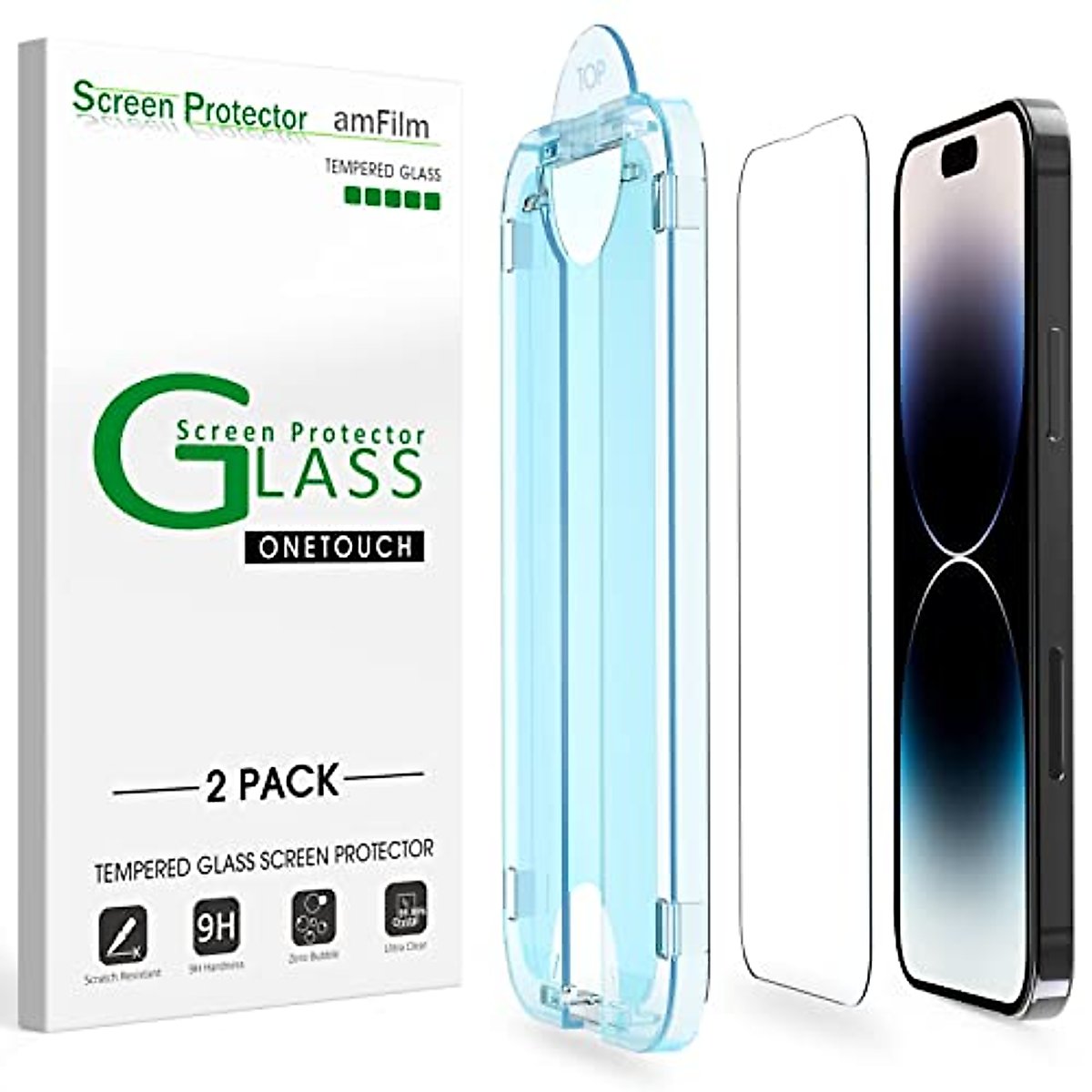 amFilm Screen Protector OneTouch Compatible with iPhone 14 Pro Max 6.7", Dynamic Island Compatible- with Easy Installation Kit, Full Coverage Case Friendly, Tempered Glass, 2 Pack