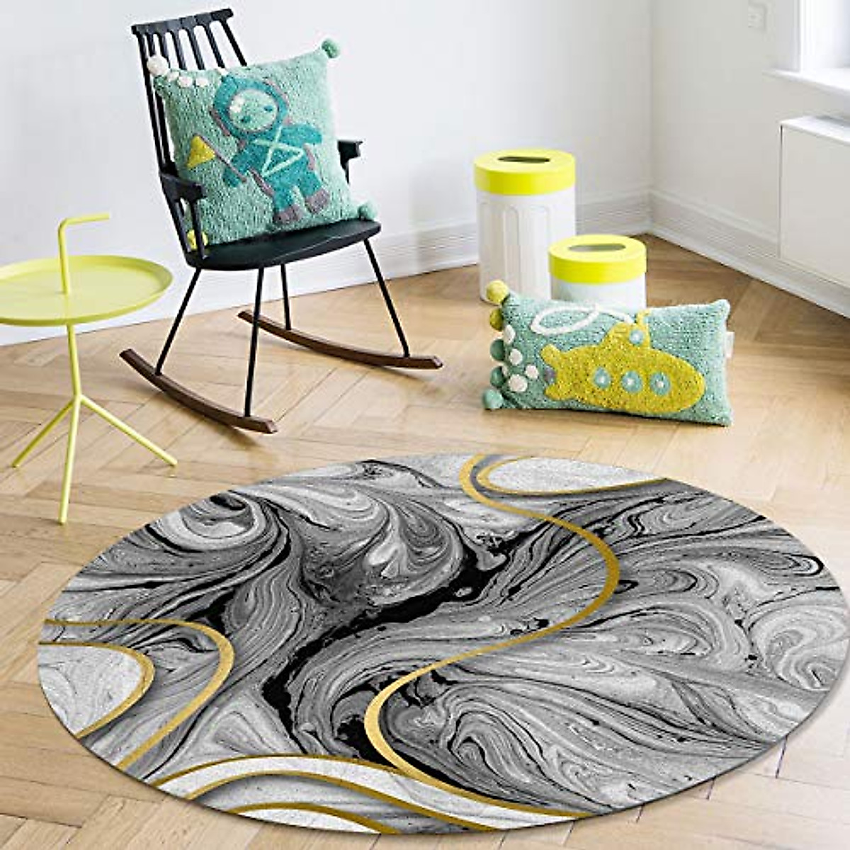 Olivefox Round Area Rugs Abstract Gray Gold Marble Textured Super Soft Indoor Stain-Proof Carpet Floor Mat Anti-Skid Runner Rugs for Home Living Room, Bedroom, Dining Room, 5 Feet