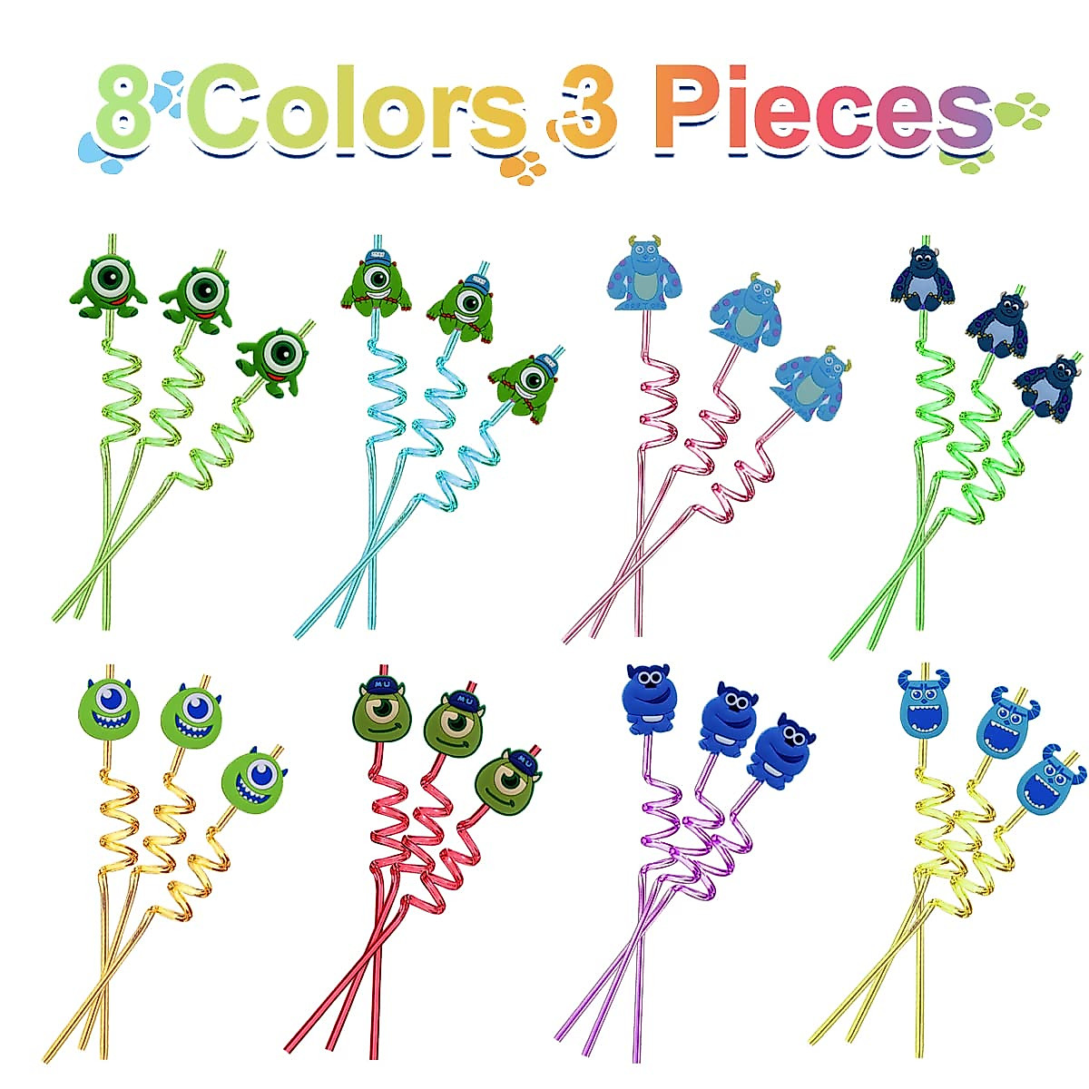 24Pcs Monsters Inc Birthday Party Supplies Reusable Drinking Straws,8 Designs Monsters Inc Party Favors with 2 Cleaning Brush