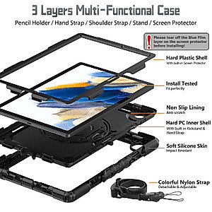 SIBEITU Case Compatible with Samsung Galaxy Tab A8 10.5 Inch 2022 with Screen Protector Pencil Holder,360 Rotating Hand Strap & Stand, Drop-Proof Protection Case for Galaxy Tab A8 SM-X200/X205/X207