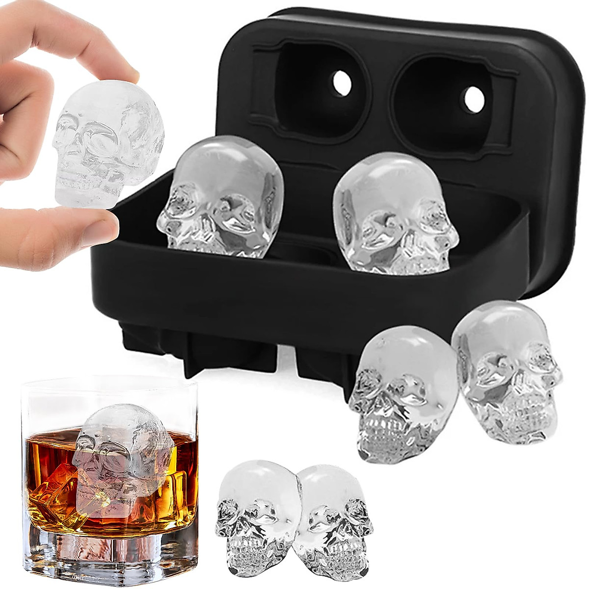 ice Cube Trays Silicone (Set of 4) Whiskey Ice Ball Mold, Large Ice Ball Maker Mold, grimace Ice Cube Mold, Halloween Ice Cube Mold, Tray for Cocktails & Bourbon Easy Release BPA Free (Black)
