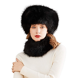 Lovful Faux Fur Women Russian Cossak Hat,Scarf Set for Ladies Winter,Black