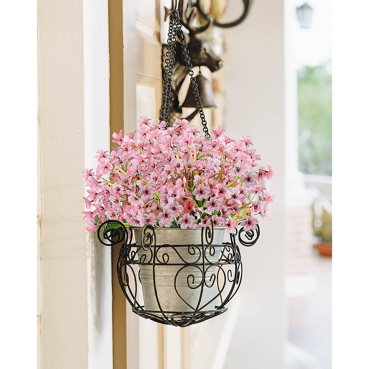 Omldggr 5 Pieces Artificial Violet Flowers Artificial Flowers Faux Violet Flowers Faux Plastic Plant Shrubs Greenery for Indoor Outside Garden Patio Porch Window Box Home Wedding Decoration(Pink)