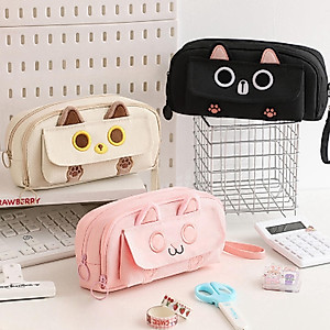 NIORYUZ 2024 Kitty Cat Pencil/Pen Pouch 4-Layers Extra Capacity Cosmetic Organizer Pen Brush Holder Mesh Pockets (4 Layers - Black)
