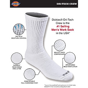 Dickies Men's Dri-Tech Essential Moisture Control Crew Socks, Available in M-XXL (6, 12, Solid White (6 Pairs), Large