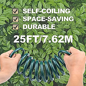 FUNJEE Heavy-Duty EVA Coil Hose Recoil Garden Water Hose with 8-Pattern Spray Nozzle, 3/4" GHT Brass Fittings, Corrosion Resistant, Retractable Garden Hose, Boat Hose (25FT, Green)