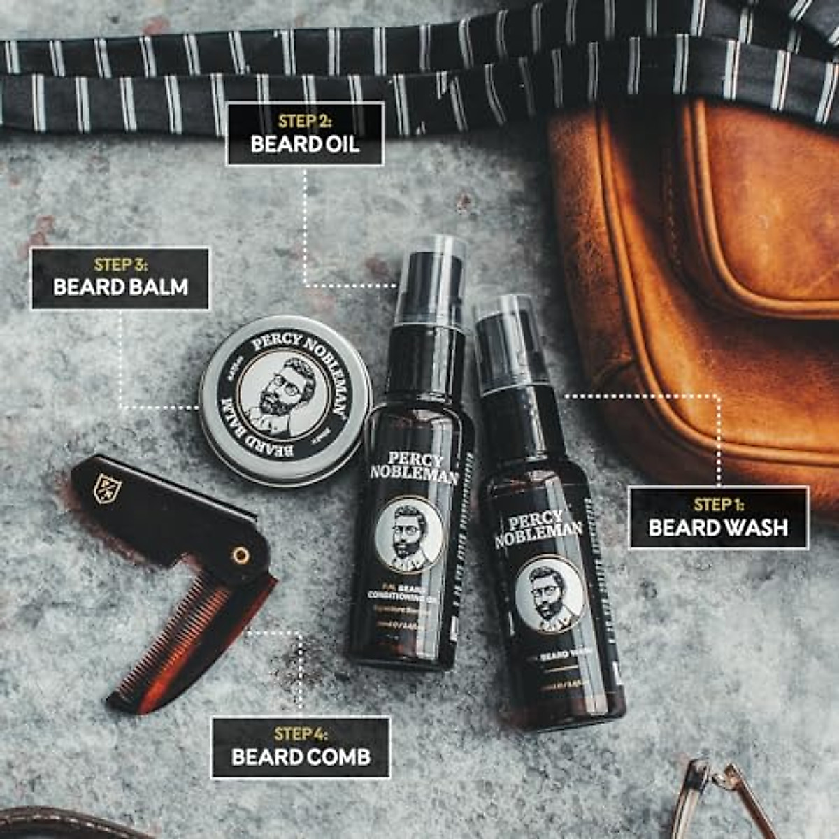 Percy Nobleman Beard Grooming Kit. Signature Scented Beard Oil 50ml. Beard Wash 50ml. Beard Balm 20ml. Beard Comb.