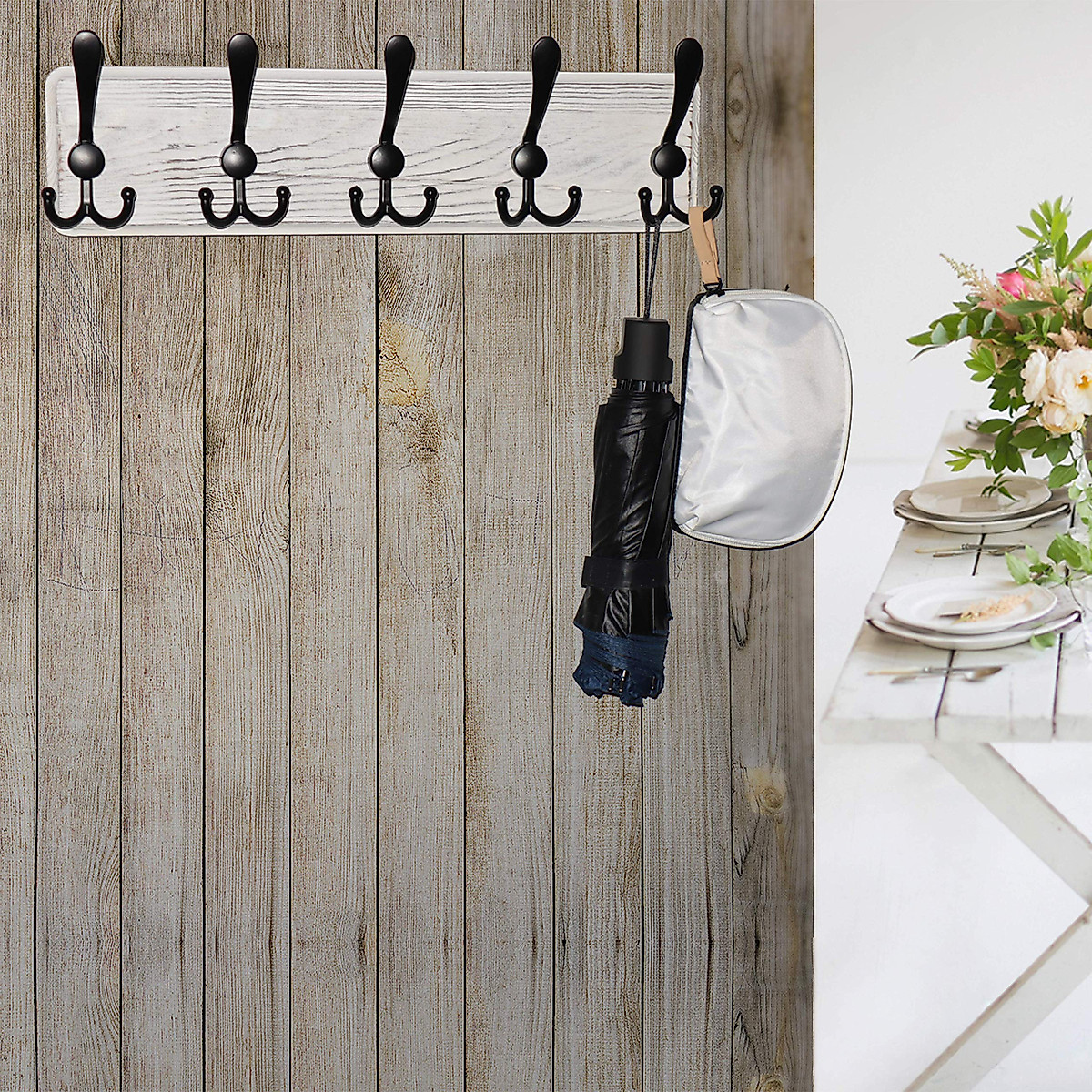 Dseap Coat Rack Wall Mounted - 5 Tri Hooks, Heavy Duty, Wooden Wall Coat Hanger Coat Hook for Clothes Hat Jacket Clothing, Natural & Black, 2 Packs