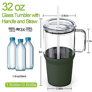 Zenbo Glass Tumbler with Lid and Straw, 32 oz Iced Coffee Cup with Handle, Glass Water Bottles with Silicone Sleeve, Glass Cup with Straws,BPA free