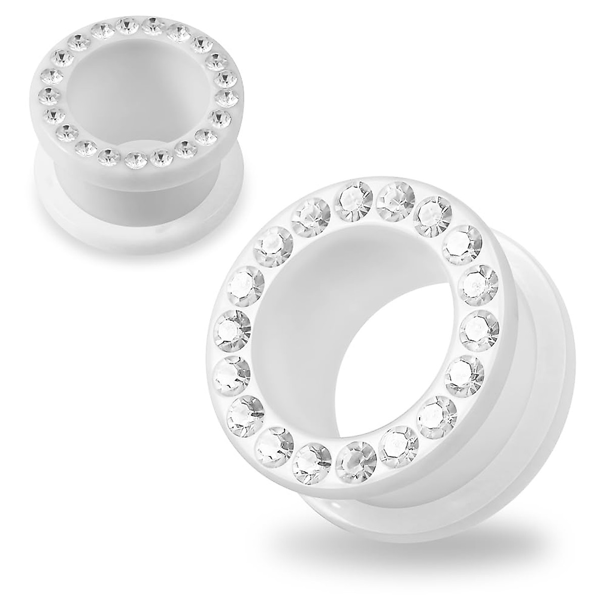 PiercingPoint 1 Piece of 00 Gauge - 10mm Multi Clear Crystal Stone Setting on White Acrylic Ear Gauge Flesh Tunnel