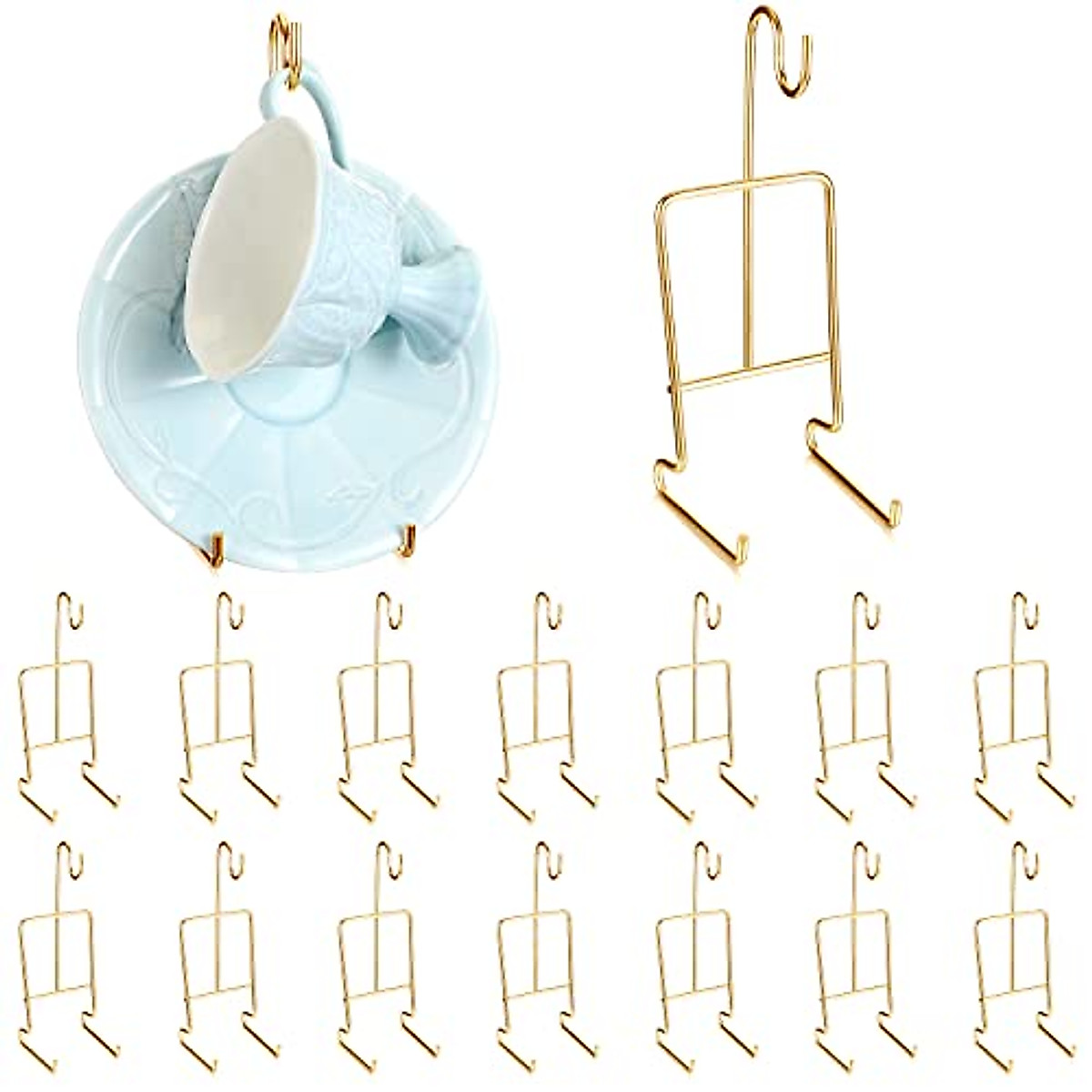 16 Pcs Small Tea Cup and Saucer Display Stand Holder Rack China Metal Cup Saucer Holder Gold Tea Cup Holder Cup and Saucer Display Shelf Coffee Mug Organizer for Tea Cup Plate Teapot