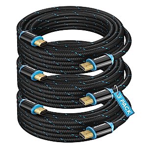 HDMI Cable 4K Ultra HD 12 Foot (3 Pack) Nylon Braided HDMI 2.0 Cable, High Speed 18Gbps 4K60Hz HDR, 3D, 2160p, 1080p, HDCP 2.2, ARC, HDMI Cables for Monitors, HDTV