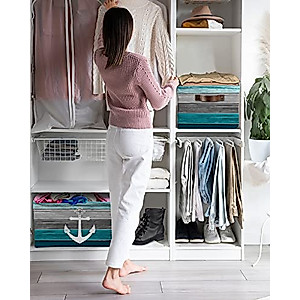 Turquoise Grey Ombre Wood Storage Basket Waterproof Cube Storage Bin Organizer with Handles, Beach Nautical Anchor Ocean Coastal Collapsible Storage Cubes Bins for Clothes Books Toys 15"x11"x9.5"