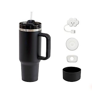 KISSKIND 40 oz Tumbler with Handle and Straw Lid Accessories, Straw Topper, Silicone Spill Proof Stopper, Silicone Boot, Stainless Steel Water Bottle 40oz Insulated Cup, Ideal Gift for Women, Black