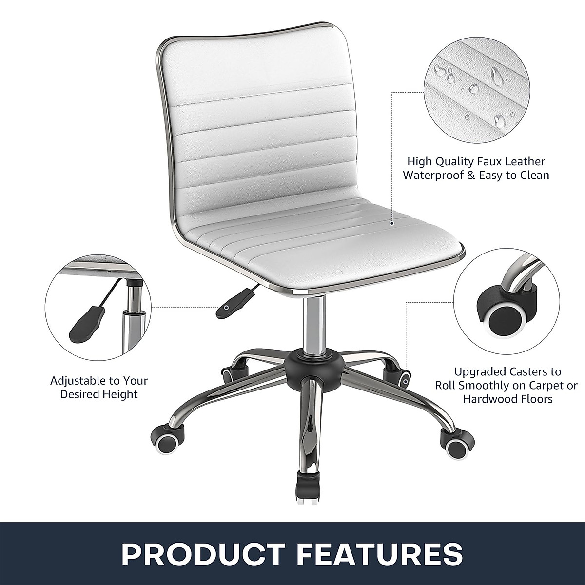 Our Modern Space 2 PACK Adjustable Ribbed Swivel Office Chair - Faux Leather, Low Back, Armless with Rolling Caster Wheels for Home, Office Vanity Dorm Workspace - WHITE