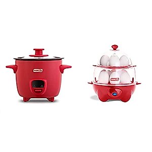 DASH Mini Rice Cooker Steamer with Removable Nonstick Pot, Keep Warm Function & Recipe Guide, 2 cups, for Soups, Stews, Grains & Oatmeal - Red & Deluxe Rapid Egg Cooker, 12 capacity Red