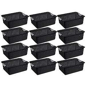 Sterilite Medium Ultra Indoor Home Plastic Storage Organizer Basket Container with Contoured Handles for Cabinets, Shelves, Black (12 Pack)