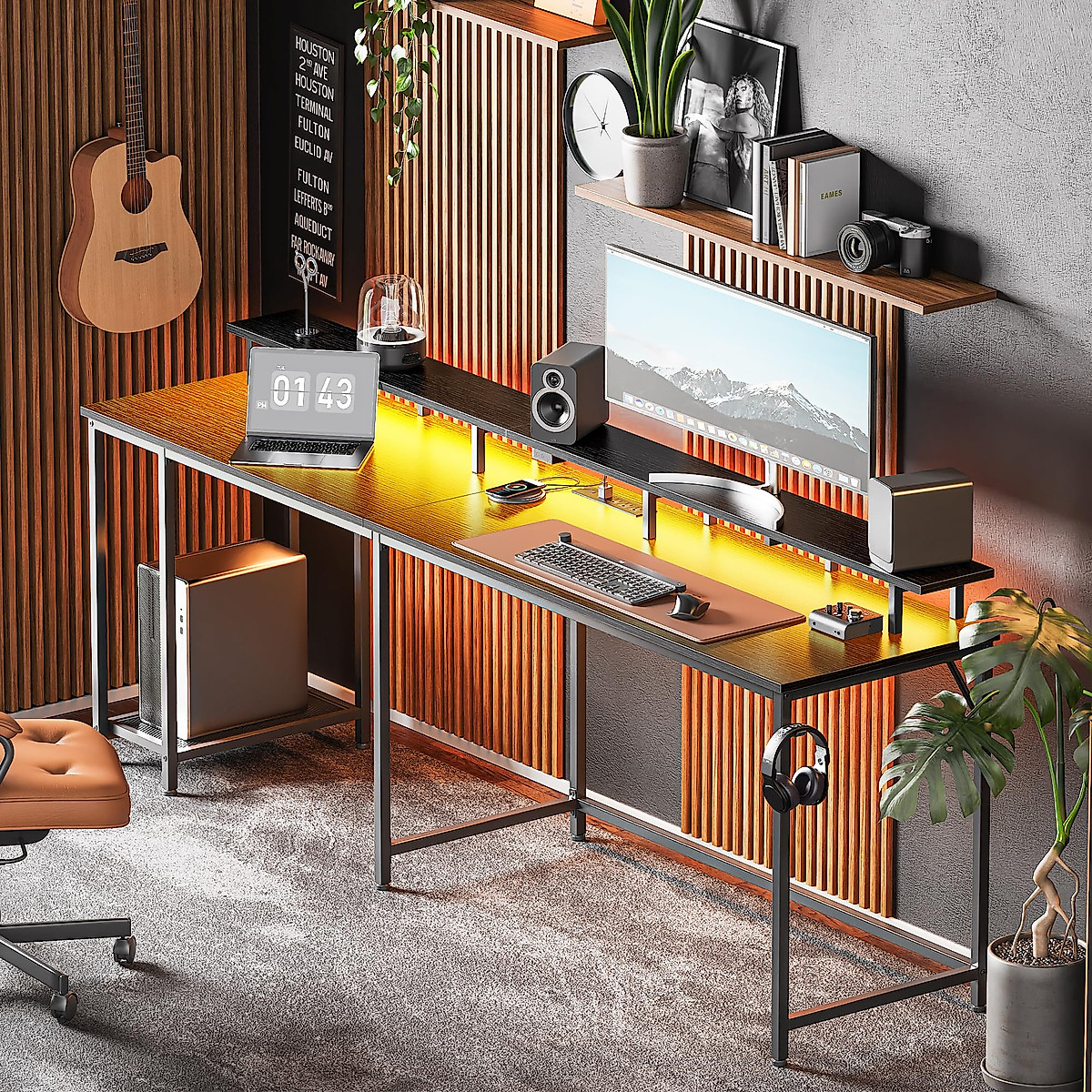 SUPERJARE L Shaped Gaming Desk with Power Outlets & LED Lights, Computer Desk with Monitor Stand & Storage Shelf, Home Office Desk Corner Desk with Hooks, Black