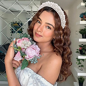 Hapdoo White Pearl Headbands for Women Girls, Cute Puffy Padded Headband with Faux Pearl for Wedding Bride Fashion, Wide Thick Beaded Bling Hairbands Hair Hoop Accessories for Birthday