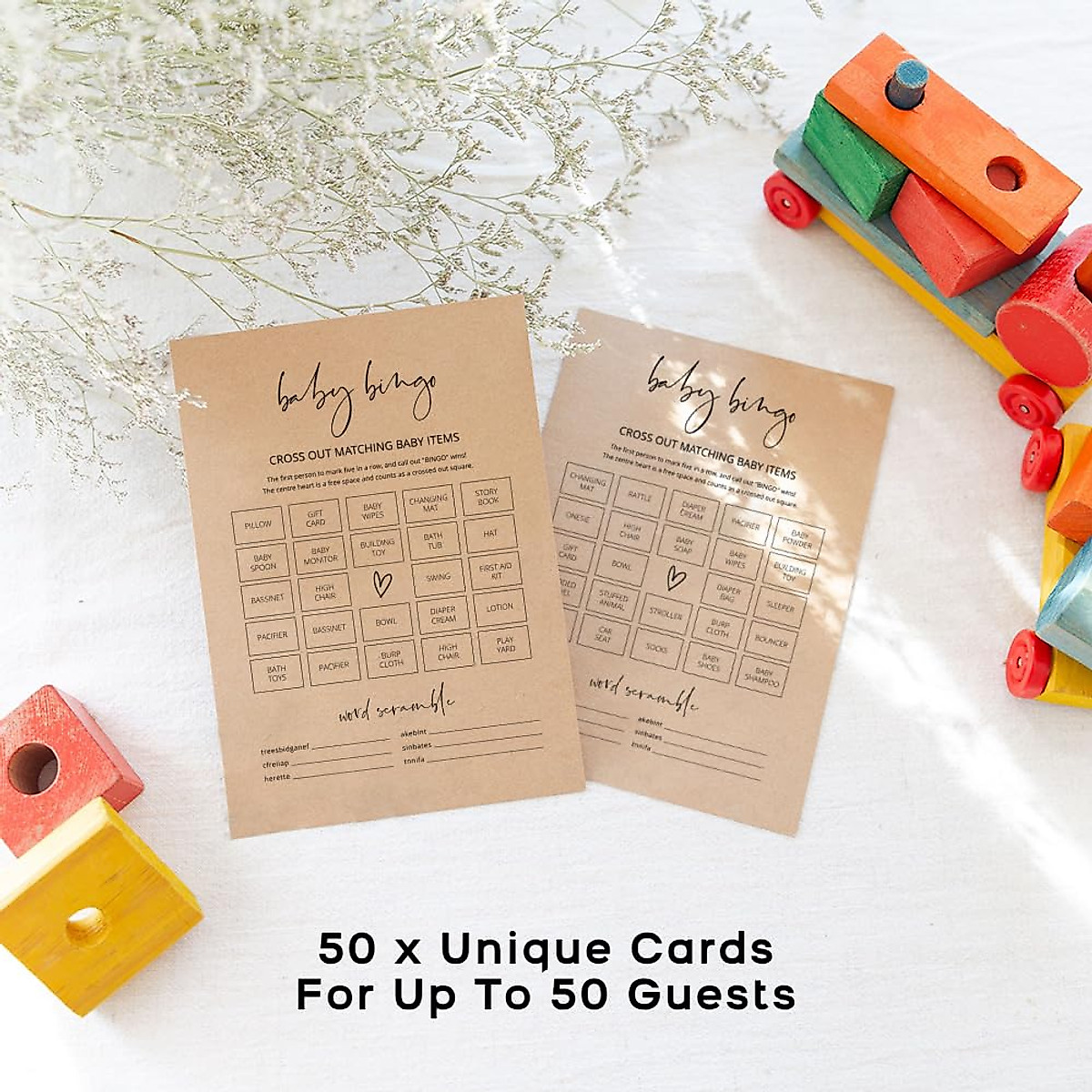 Baby Shower Bingo Game (50 Unique Cards), Pre-filled, Added Word Scramble, Fun Baby Shower Games for Boy or Girl (Kraft)