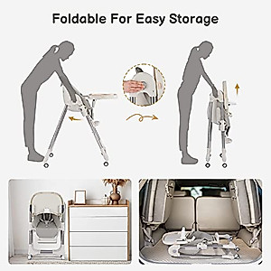 Ezebaby Baby High Chair, Portable High Chair with Adjustable Heigh and Recline, Foldable High Chair for Babies and Toddler with 4 Wheels, High Chair for Toddlers with Removable Tray-(Grey)