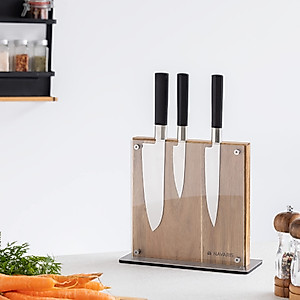 Navaris Magnetic Knife Block - Kitchen Storage with Strong Magnets for Knives & Utensils - Simple Modern Holder with Acrylic Guard - Acacia Wood - 8.8" x 8.7"