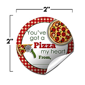 Piece Of My Heart Pizza-Themed Valentine Party Favor Sticker Labels, 40 2" Party Circle Stickers by AmandaCreation, Great for Classroom Valentines, Envelope Seals, Gifts & Treats