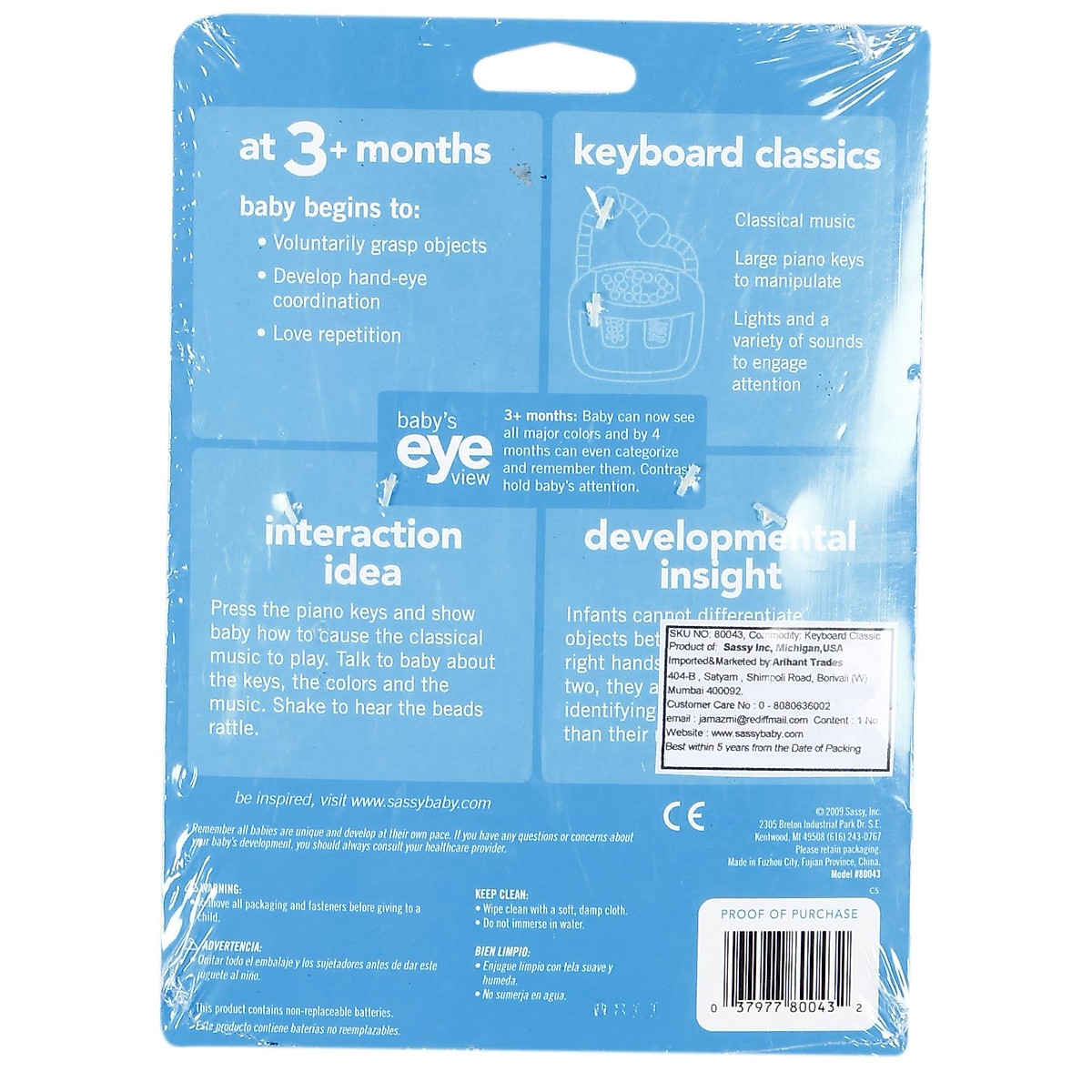 Sassy Keyboard Classics Developmental Toy – 3+ Months Baby-Sized Piano with a Handle for Music On The Go- Batteries Included
