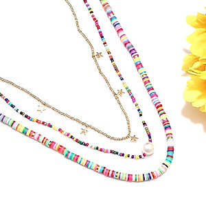 Surfer Heishi Bead Choker Necklace For Woman Star Pearl Polymer Clay Record Disc Beads Layered Necklace Boho Beach Necklace jewelry (rainbow)