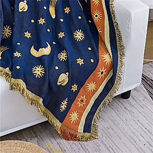 Hippie Throw Blanket Sun Moon Stars Boho Throw Blankets Celestial Tapestry Double-Sided Reversible Woven Cotton Home Decor Bedding Chair Couch Recliner Cover Oversized Tassels Astrology 50"x70"