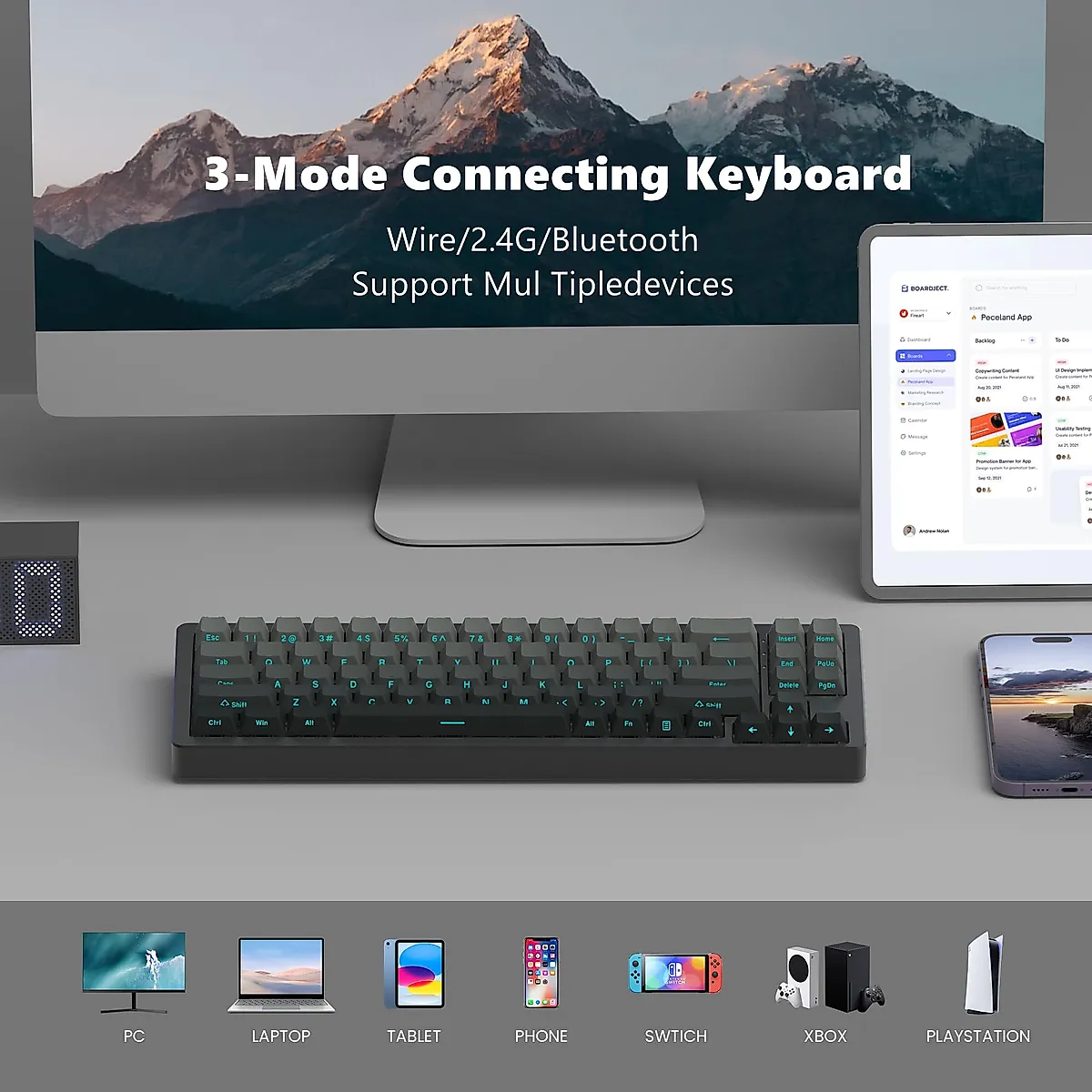 Womier S-K71 75% Gaming Keyboard, Aluminum Alloy Shell Wireless Mechanical Keyboard Bluetooth/2.4G/Wired Hot Swappable Pre-lubed Switches, Gasket Mounted RGB Creamy Keyboard for Mac/Win, Black