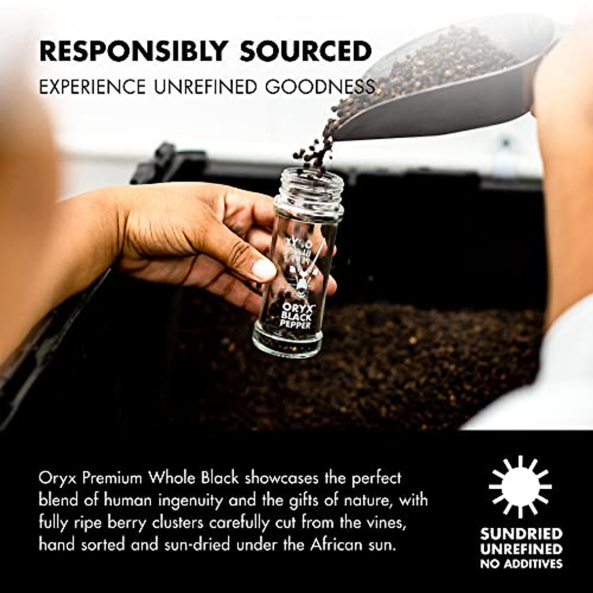 Oryx Black Pepper Mill - Ceramic Pepper Grinder Refillable - Naturally Organic Peppercorn Seasoning Grinder – Premium Whole Black Peppercorns from Madagascar, 1.26 oz