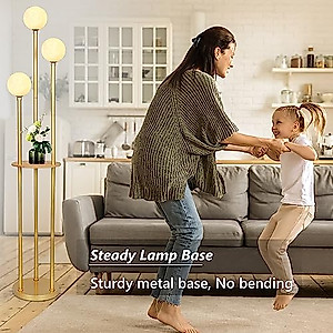 3 Globe Floor Lamp with Shelves, Modern Shelf Lamp with 3D Printing Moon Lampshade, Mid Century Standing Lamp with Table, Metal Tall Lamp for Corner Display, Gold Floor Lamps For Living Room, Bedroom