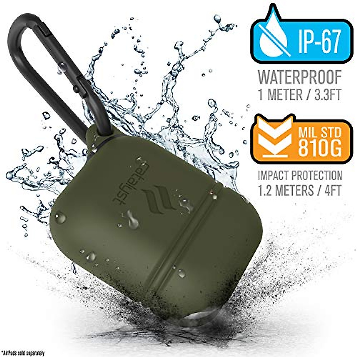 Waterproof Airpods Case 2 & 1 Cover by Catalyst, Shockproof and Drop Proof air pods Protective Cover Soft Skin, Carabiner, Silicone Sealing, Compatible Wireless Charging - Army Green