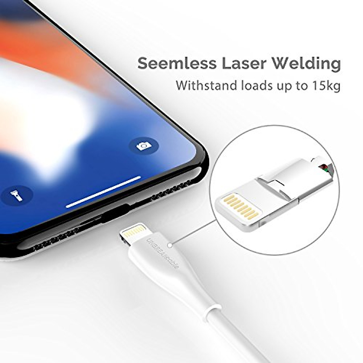 UNBREAKcable iPhone Charging Cable - 2M Apple MFi Certified: Lightning Cable for iPhone X/XS/XS MAX/XR, iPhone 8/8 Plus, iPhone 7/7 Plus, iPhone 6/6S/6 Plus/6S Plus, iPhone 5/5S/5C/SE, iPad - White