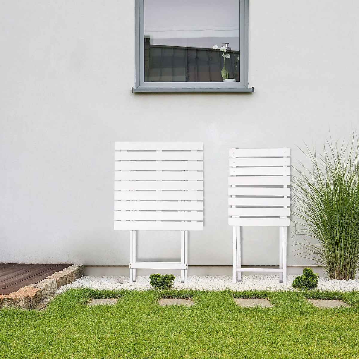 Outsunny 3 Piece Bistro Set, Wood Folding Outdoor Furniture with Table & Chairs for Backyard & Balcony, Square, White