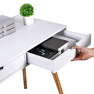 SUPER DEAL Mid Century Writing Computer Desk, Modern Home Office Laptop PC Desk with Two Storage Drawers & Solid Wood Legs, Console Table Makeup Vanity Table for Bedroom