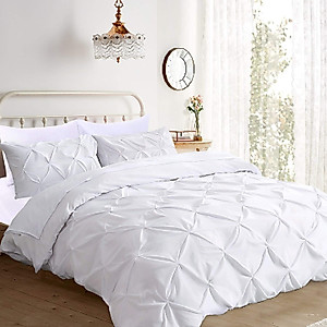 Pinch Pleated Duvet Cover with Zipper Closure and 2 Pillow Shams Silky Satin Pintuck Duvet Cover Set, Elegant Comforter Cover 3 Pieces Set (White, King/Cal King)