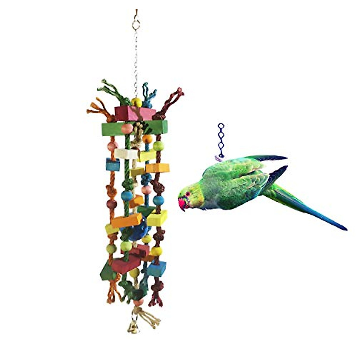 Bird Chew Toy SKWAKOCO. The Size 18" Multicolored Natural Wooden Blocks, Beads and Natural 100% Hemp Rope. Toy is Suggested for Large and Medium Parrot