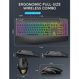 Wireless Keyboard and Mouse with 9 Colored Backlit, Wrist Rest, Jiggler Mouse, Rechargeable Silent Ergonomic Light Up Keyboard Mouse Combo with Phone Holder for Windows, Mac, PC, Laptop