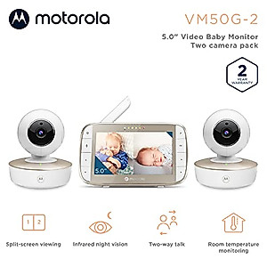 Motorola Baby Monitor-VM50G Video Baby Monitor with 2 Cameras, 1000ft Range 2.4 GHz Wireless 5" Split Screen, 2-Way Audio, Remote Pan, Tilt, Zoom, Room Temperature Sensor, Lullabies, Night Vision