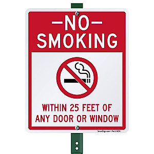 SmartSign 12 x 10 inch “No Smoking Within 25 Feet Of Any Door Or Window” LawnBoss Yard Sign with 3 foot Stake, 40 mil Laminated Rustproof Aluminum, Red, Black and White, Set of 1, Made in USA
